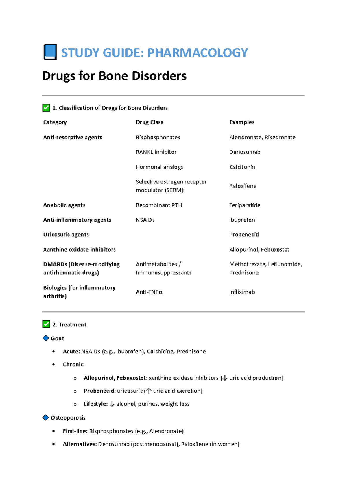 STUDY GUIDE: PHARMACOLOGY Drugs for Bone Disorders and Gout - Studocu