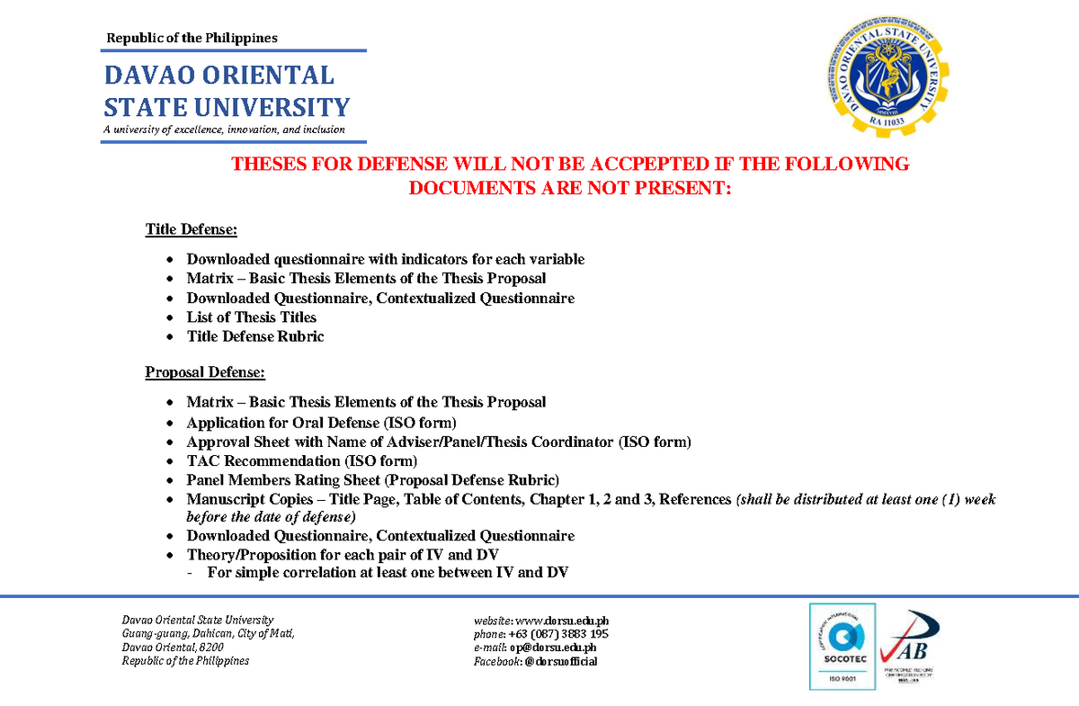 Thesis Defense Checklist - DORSU Research Requirements Guide - Studocu