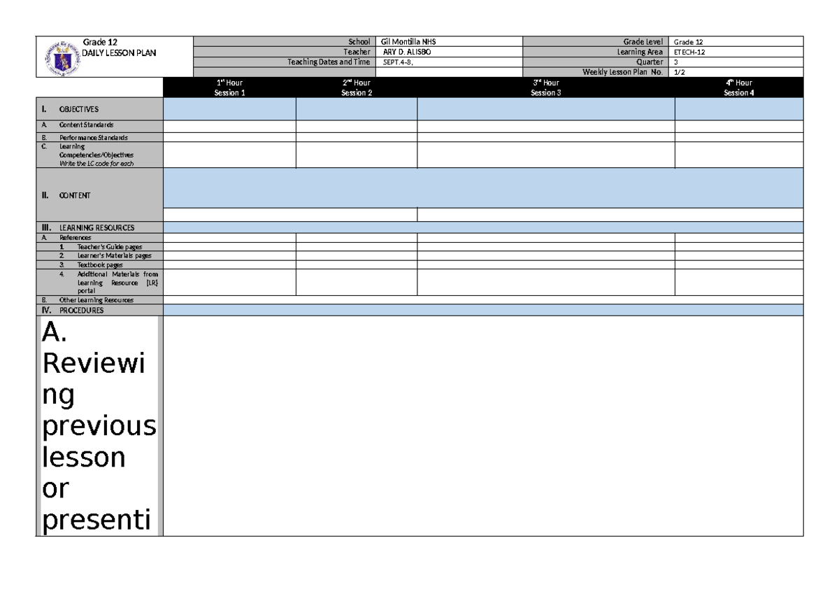 Grade 12 CSS Daily Lesson Plan (Weeks 1-5) - Teaching Strategies and ...