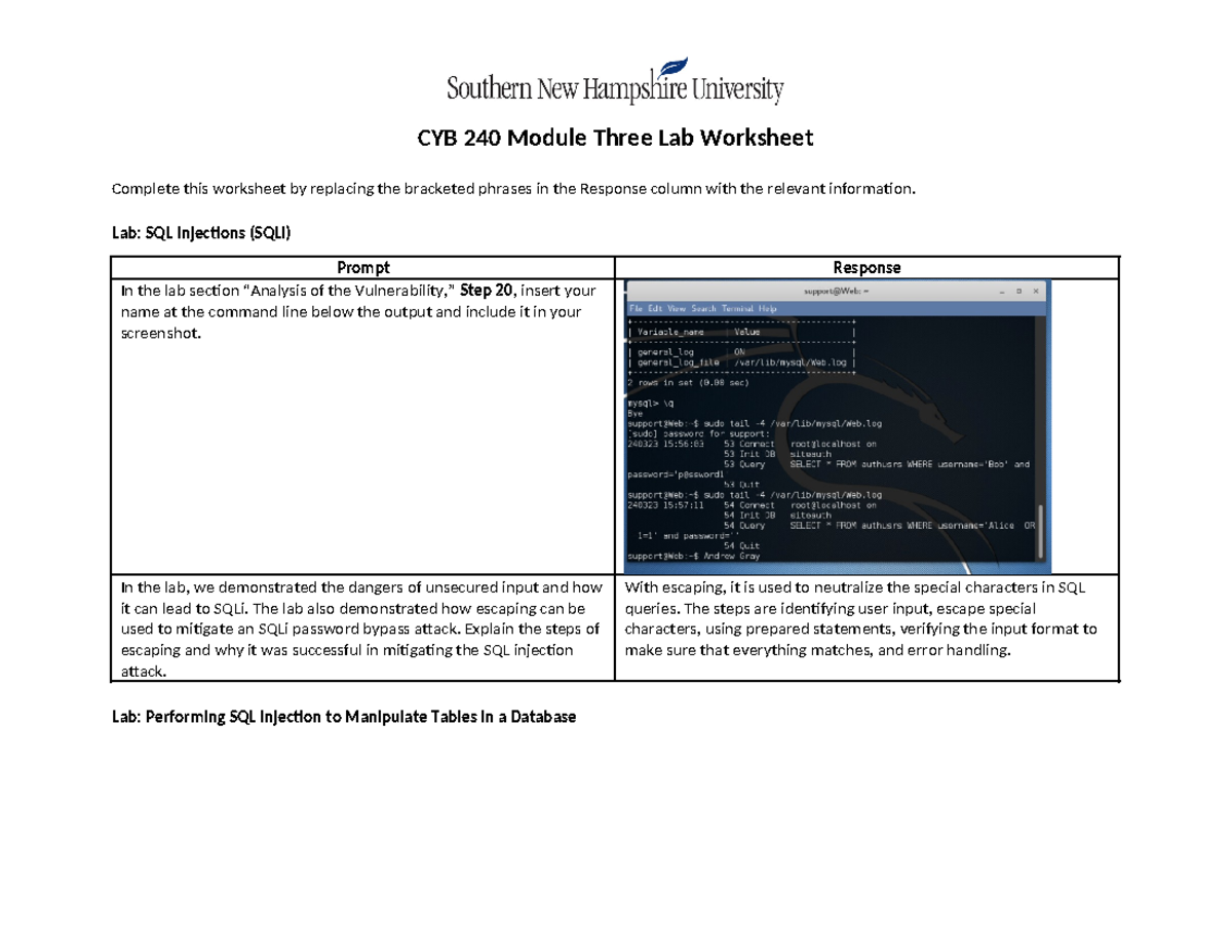 CYB 240 Module Three Lab: SQLi and Metasploit Exercises - Studocu
