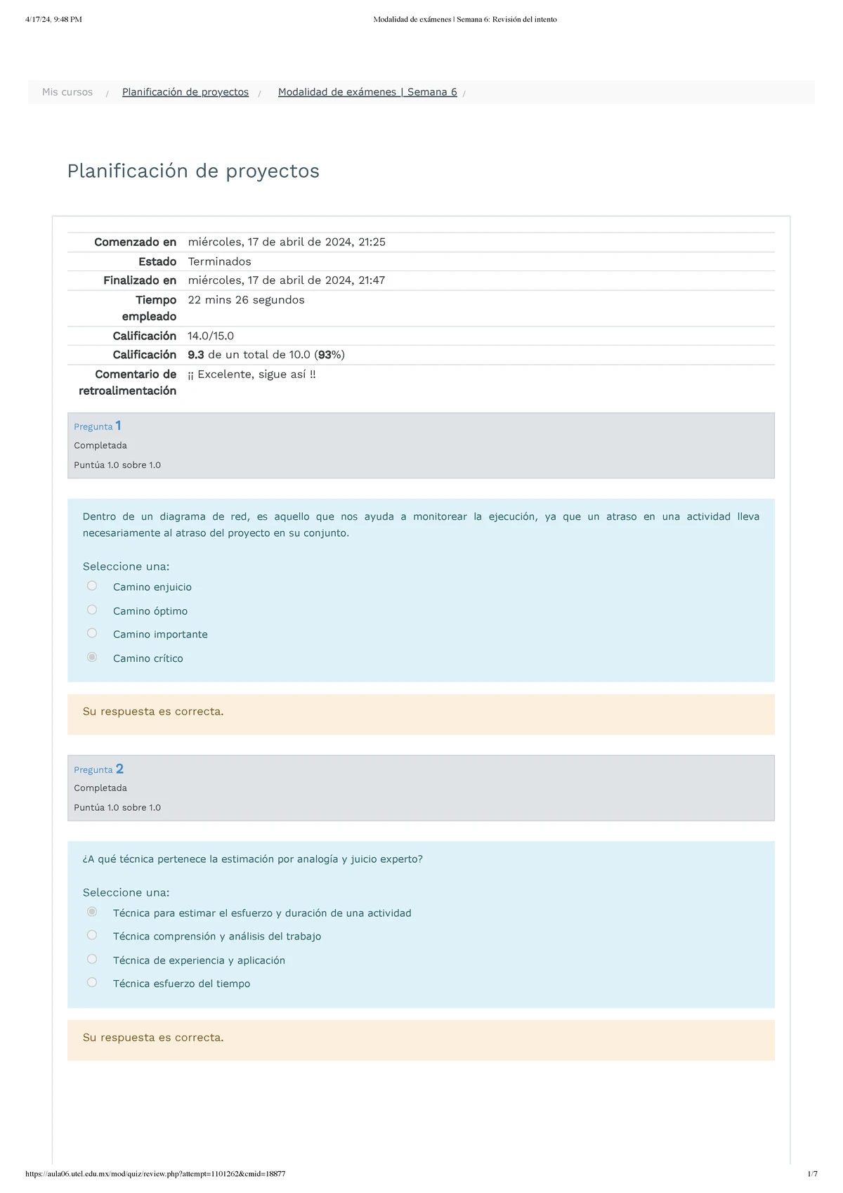 Revisión del intento de exámenes - Modalidad Semana 2 - Studocu