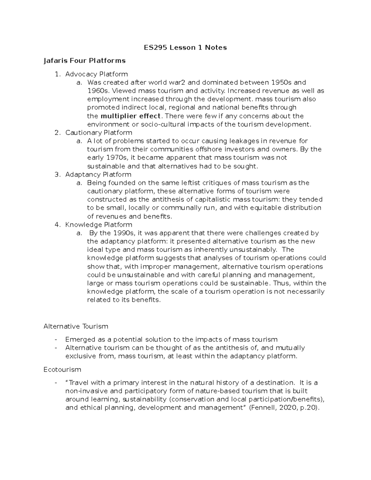 ES295 Lesson 1 Notes: Jafari's Four Platforms of Tourism - Studocu