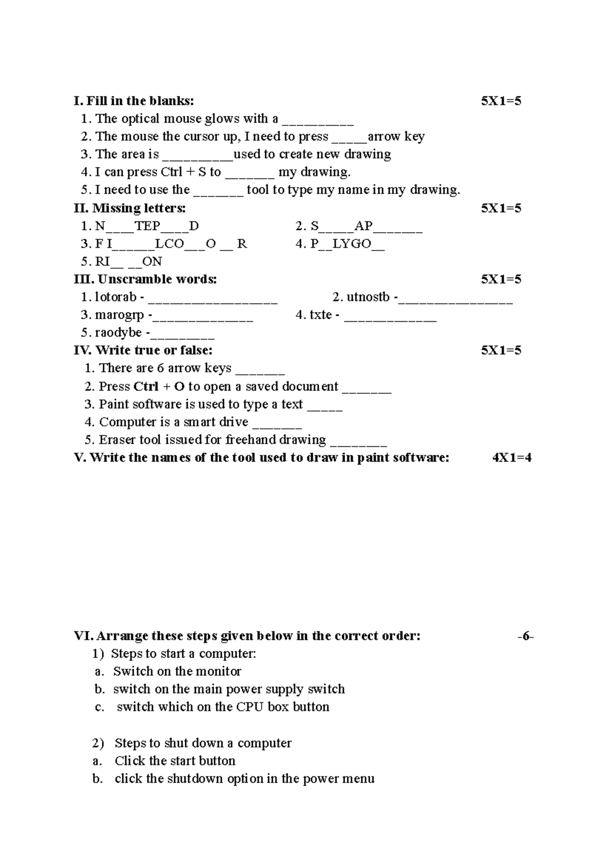 1st Computer - Fill in the Blanks & True/False Quiz Notes - Studocu
