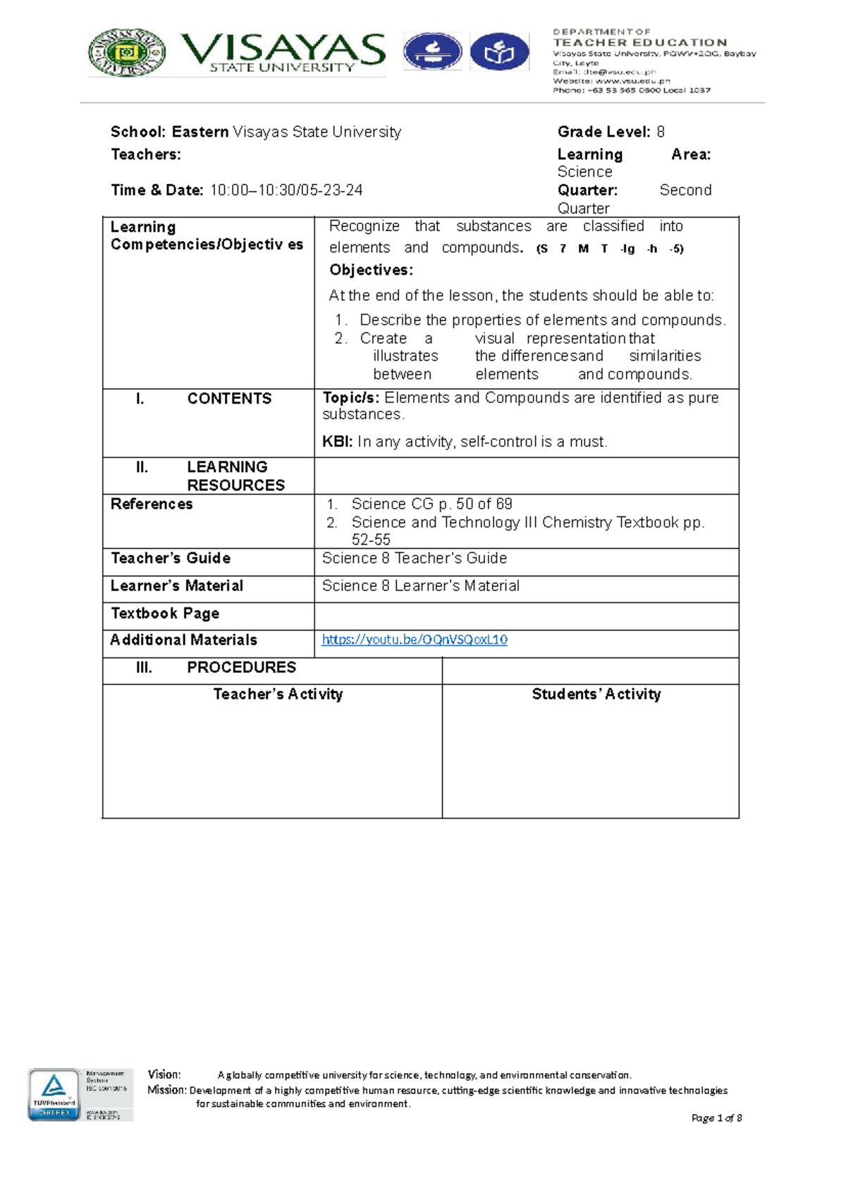 Science 8 Lesson Plan: Elements and Compounds (2nd Quarter) - Studocu
