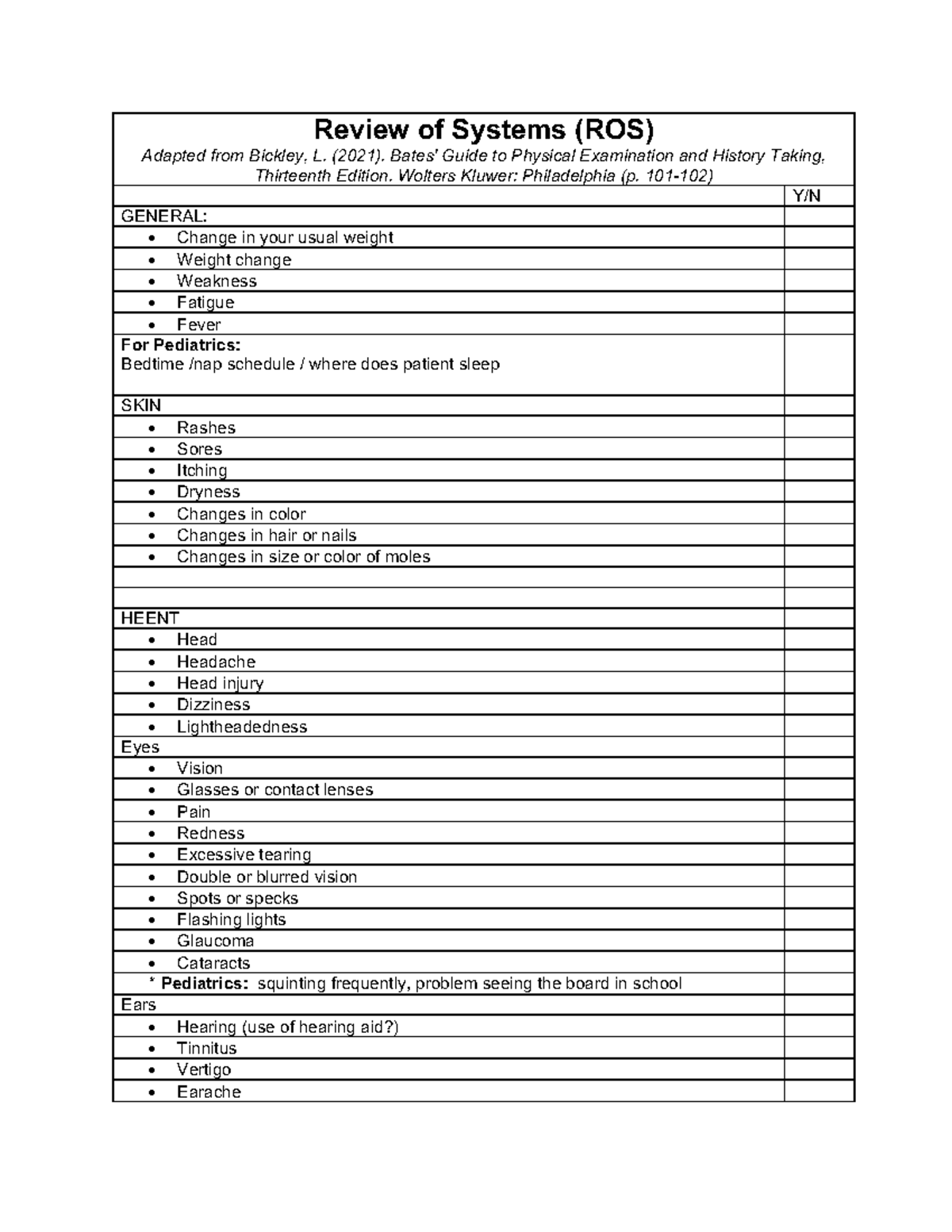 Pediatric Review of Systems (ROS): Comprehensive Assessment Guide - Studocu