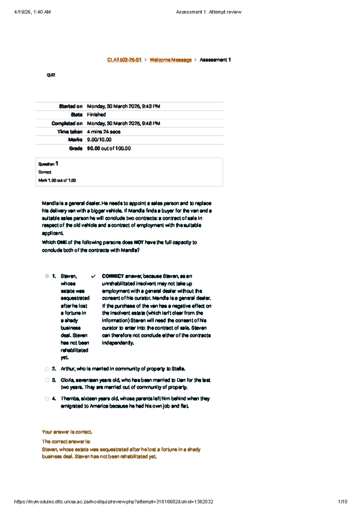CLA Assessment 1: Attempt Review and Quiz Insights - Studocu