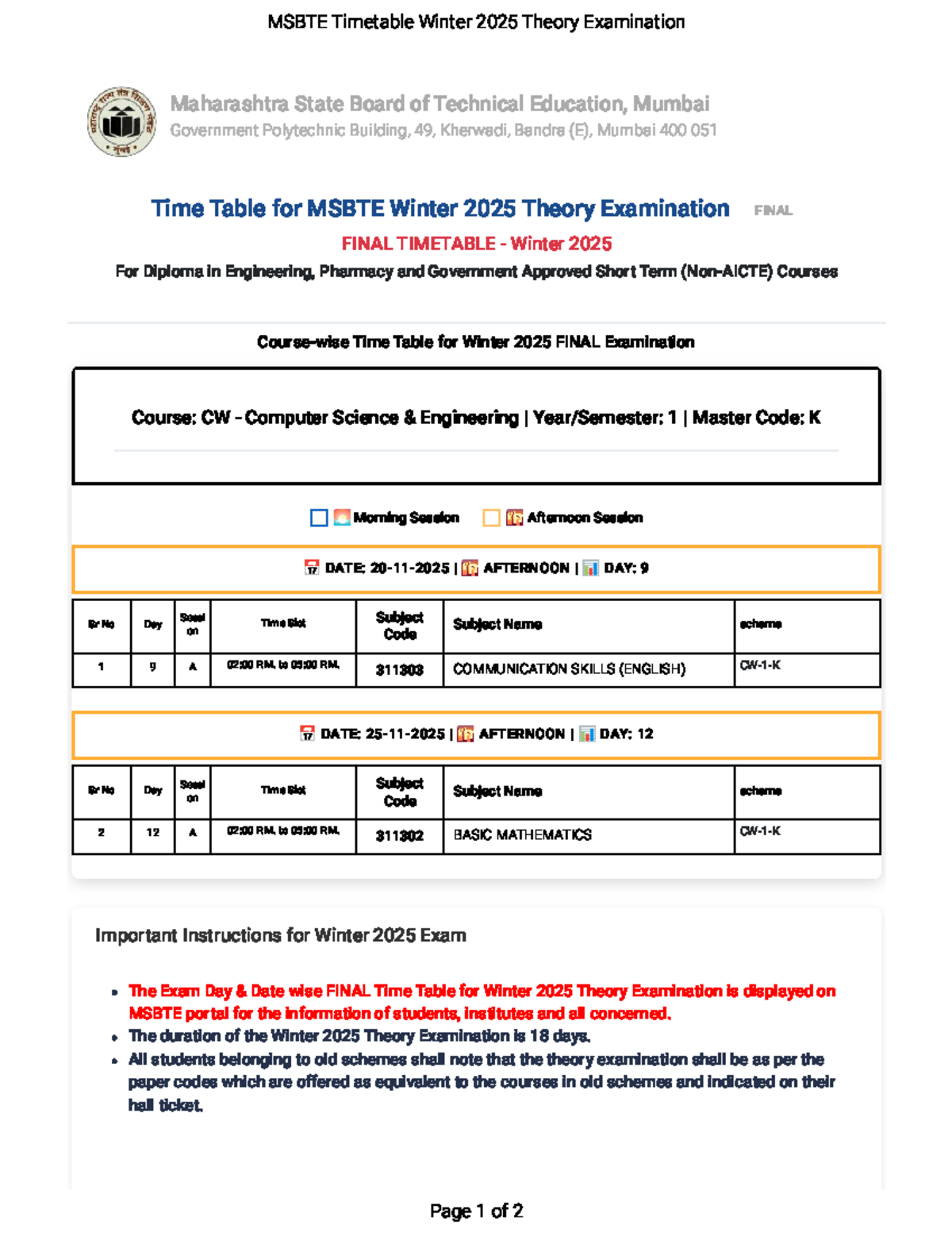 MSBTE Winter 2025 Theory Exam Timetable for Diploma Courses - Studocu
