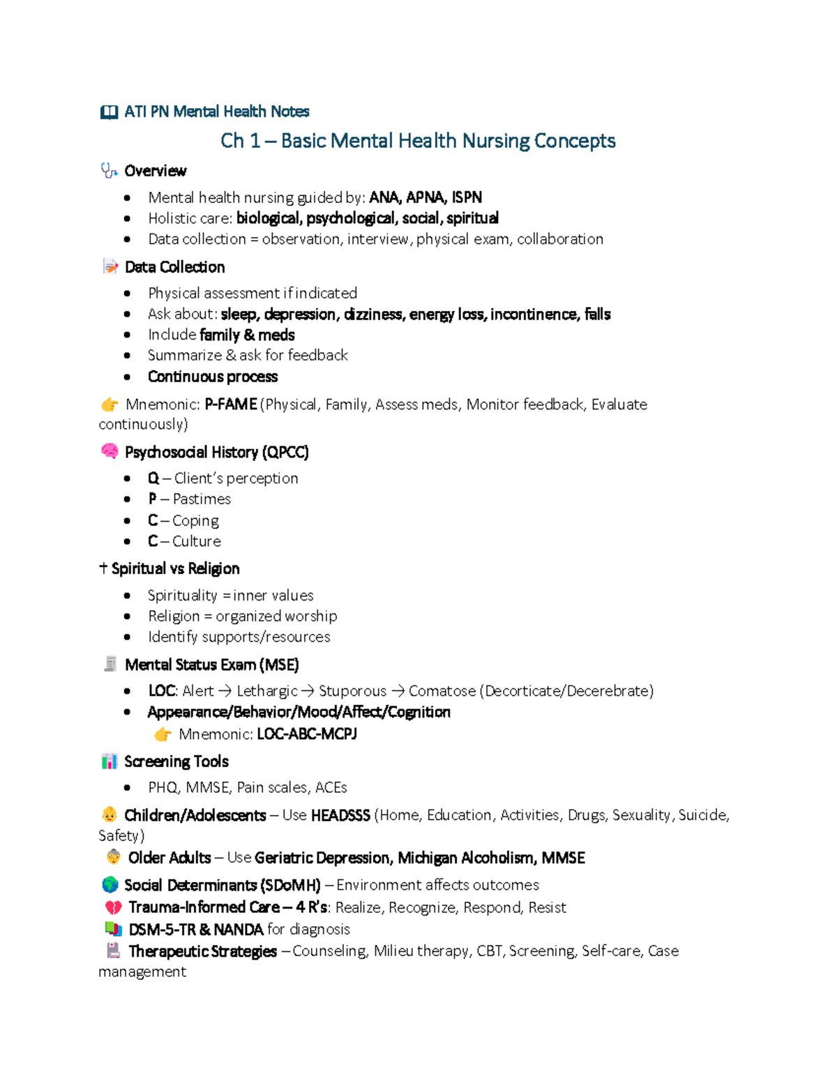 ATI PN Mental Health Nursing Notes: Overview and Key Concepts - Studocu