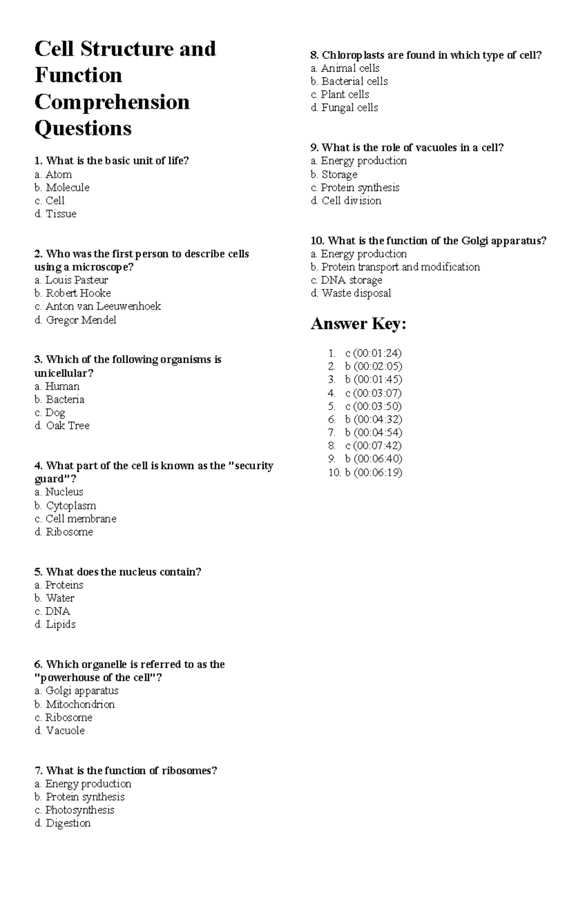 Cell Structure and Function Quiz Questions with Answers - Studocu
