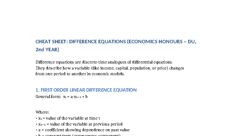 Difference Equations Cheat Sheet (ECON 2nd Year Honours) - Studocu