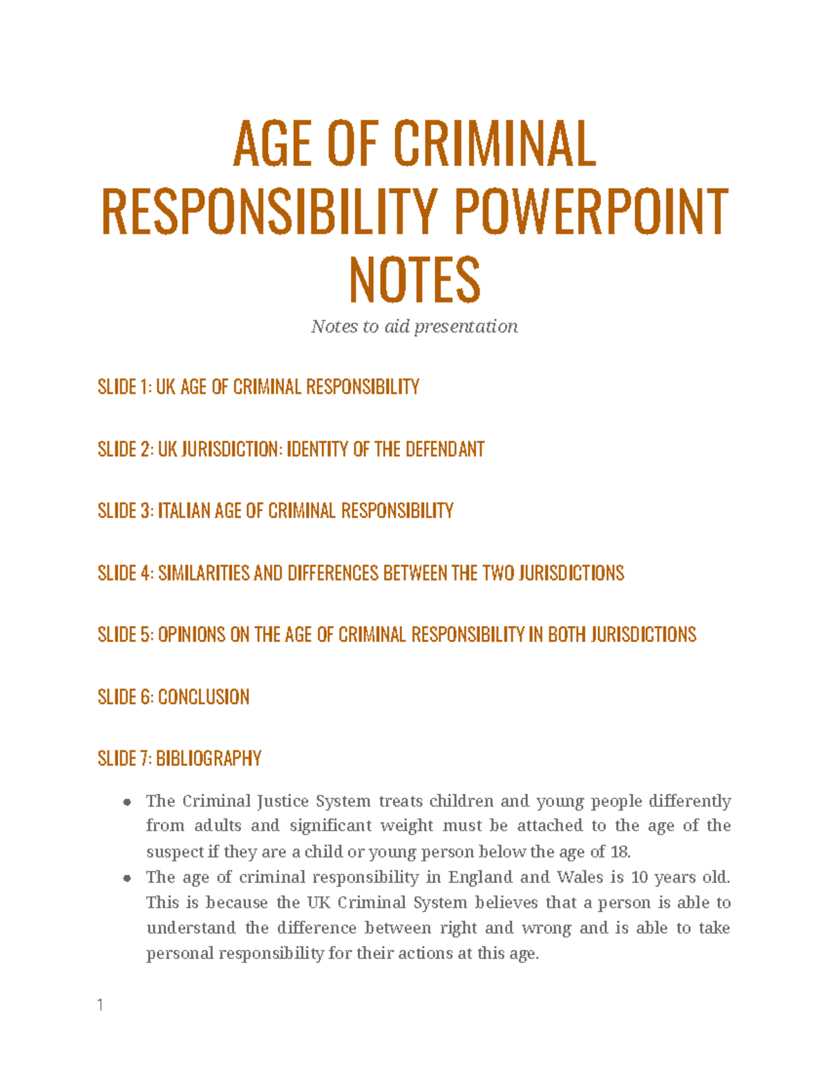 AGE OF CRIMINAL RESPONSIBILITY PPT NOTES: UK & ITALY COMPARISON - Studocu