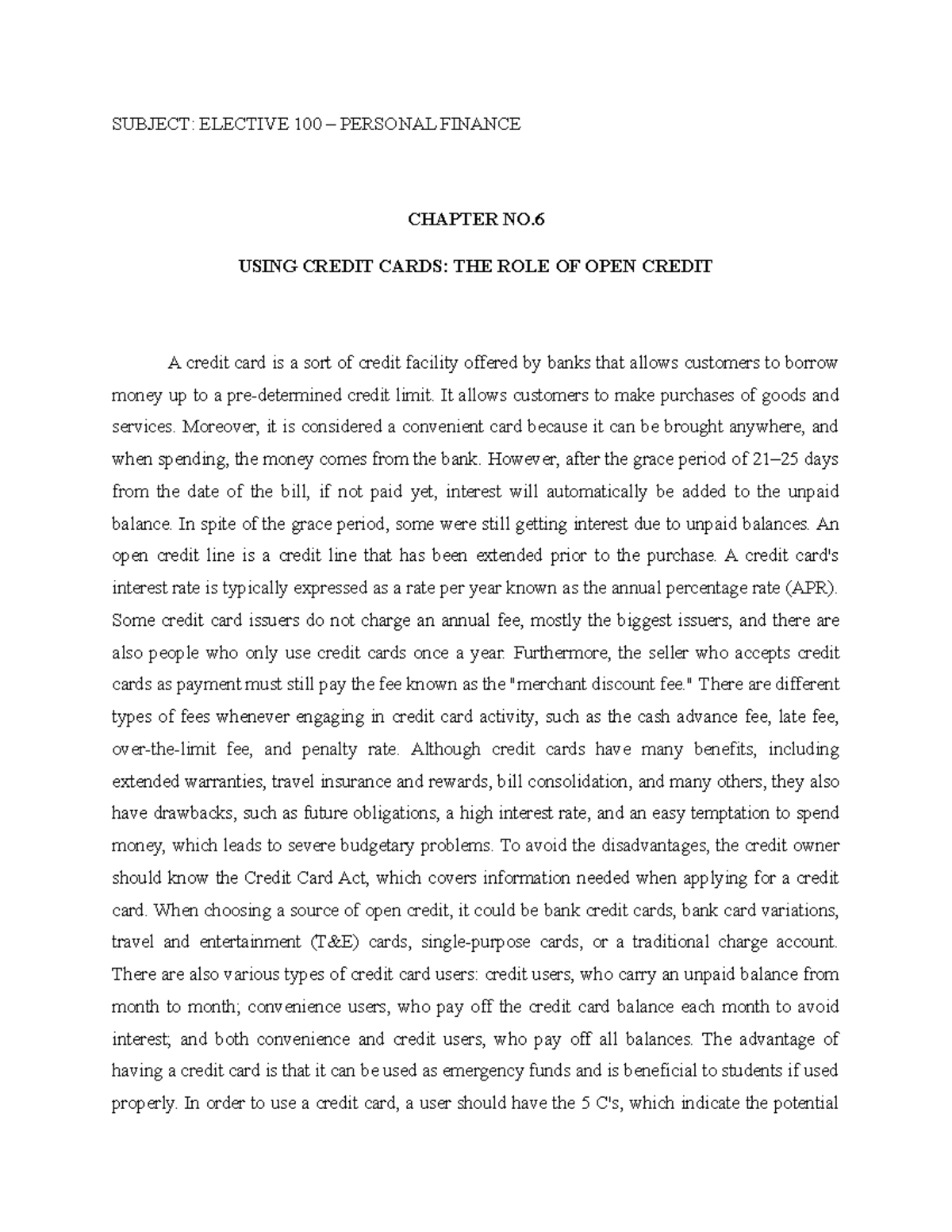 Elective 100: Understanding Credit Cards and Financial Responsibility ...