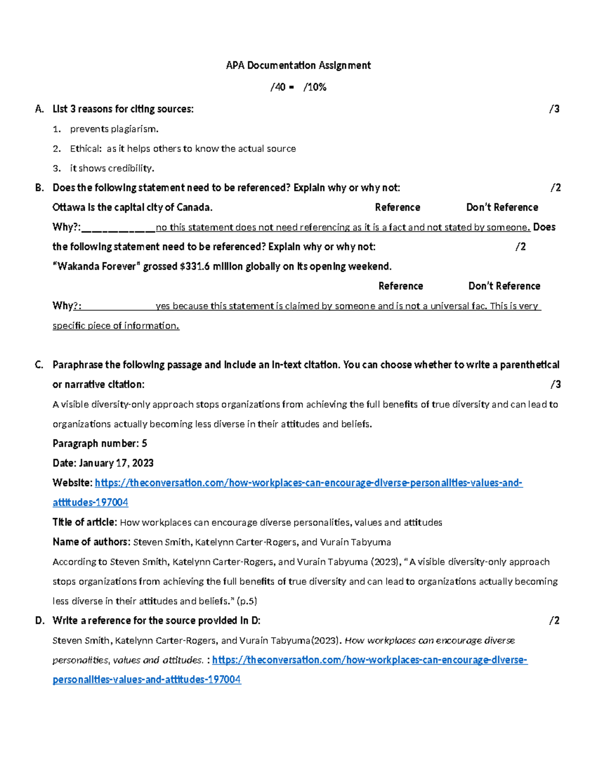 APA Quiz - imp assignment - APA Documentation Assignment /40 = /10% A. List 3 reasons for citing ...