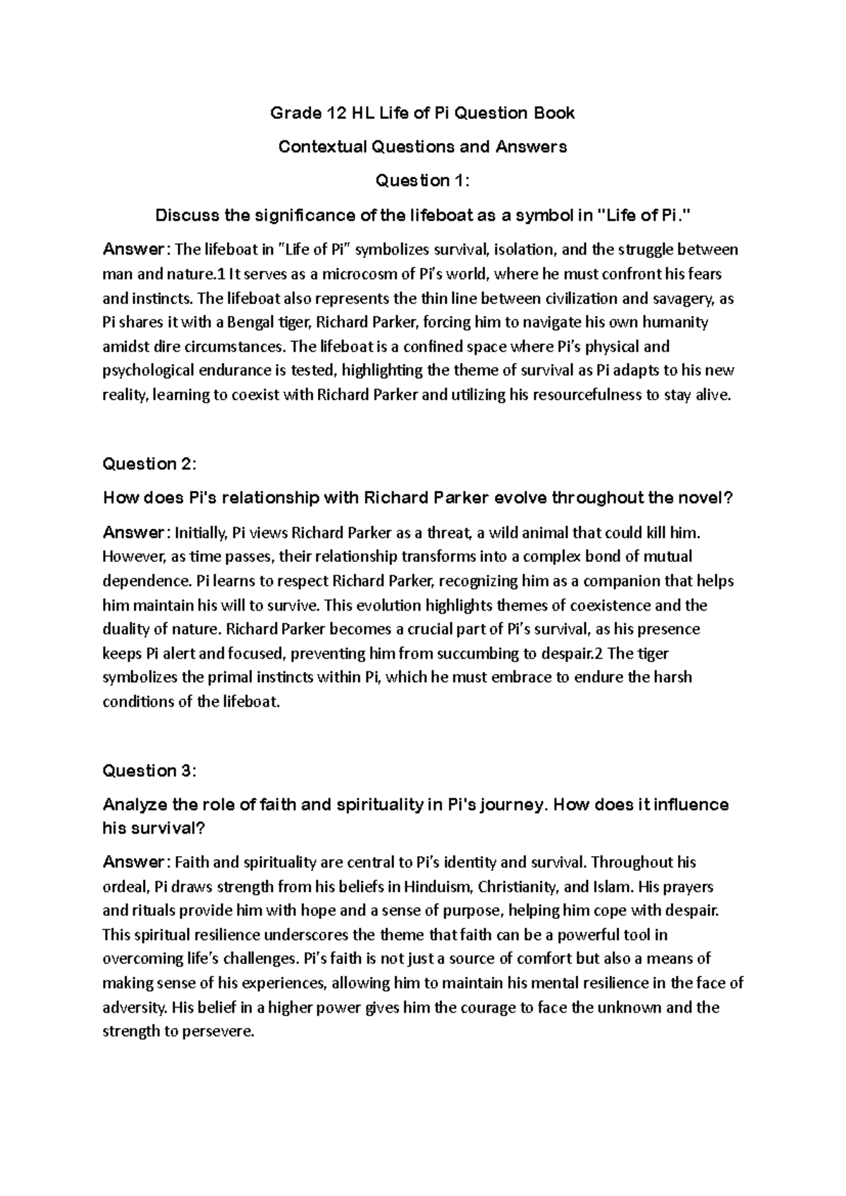 Grade 12 HL Life of Pi: In-Depth Questions and Analysis Guide - Studocu