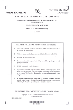 CSEC POB P2 2014 - CSEC exam paper 2014 - TEST CODE 01240020 FORM TP ...