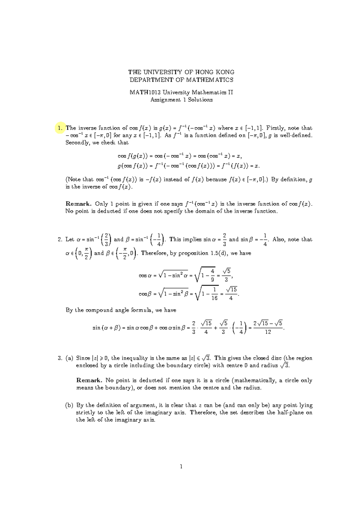 MATH1013 - Solutions to Assignment 1 - Studocu
