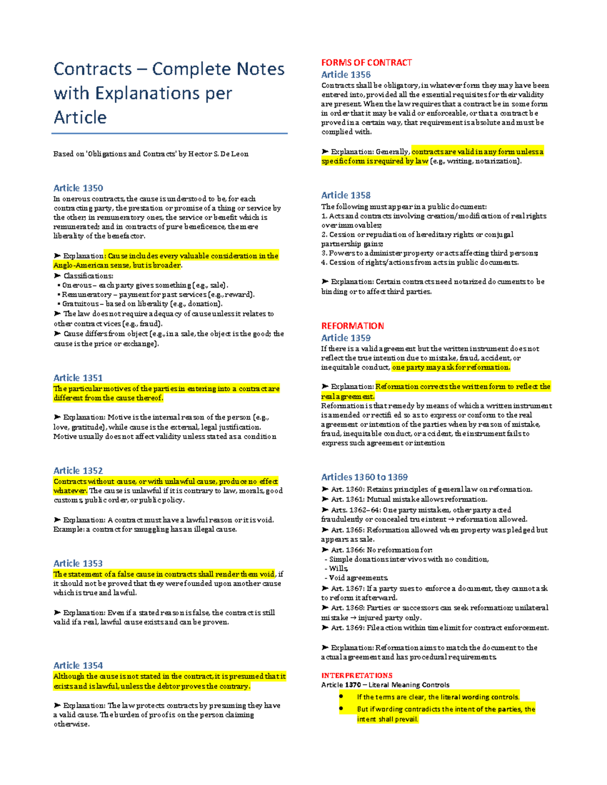 Contracts (LAW 101) Complete Notes with Article Explanations - Studocu