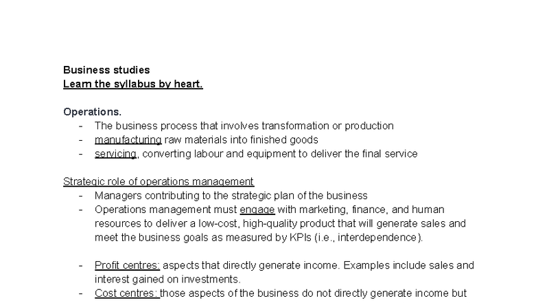 Business Studies - T1 Operations Management and Influences - Studocu