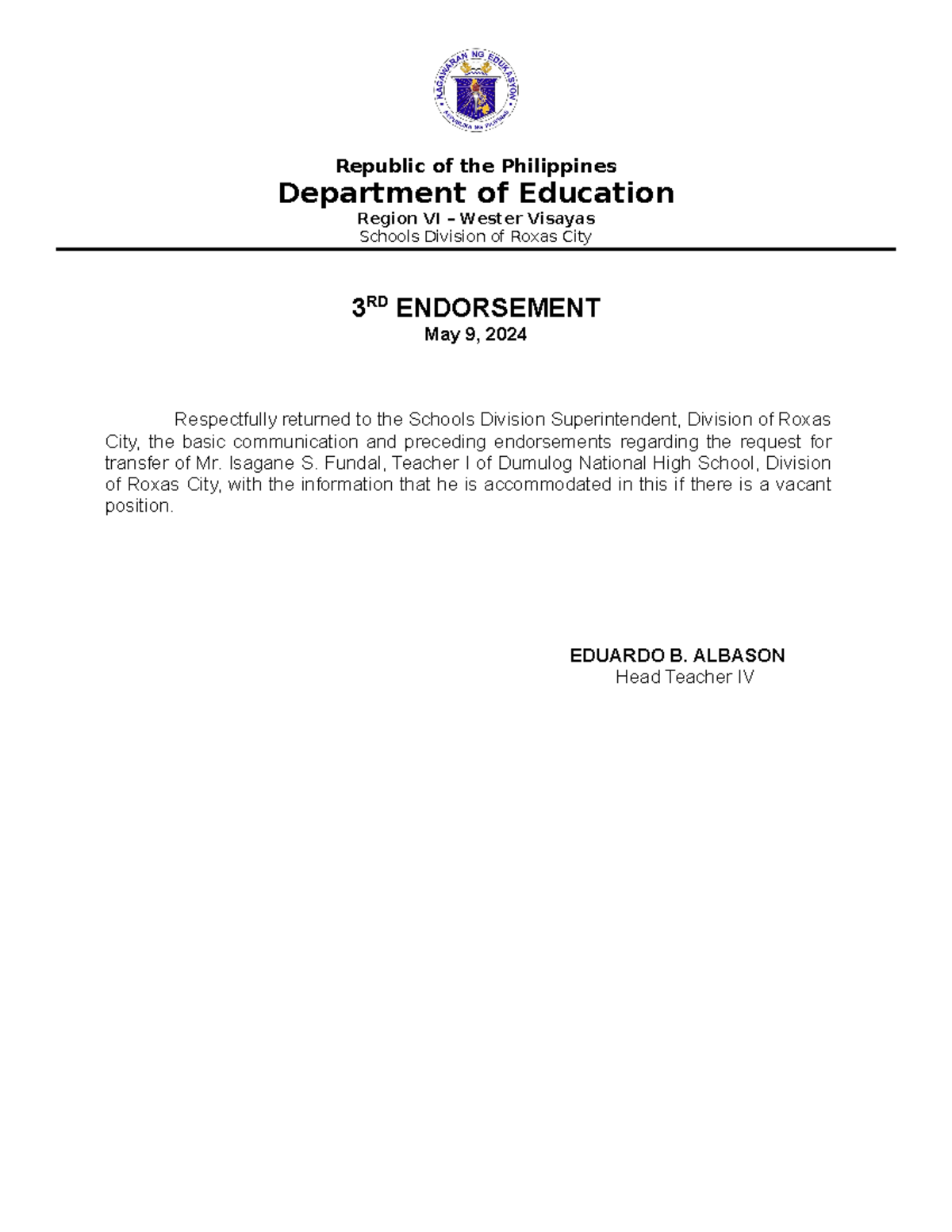 ENDORSEMENT LETTER SAMPLE FOR STUDENTS - Republic of the Philippines ...