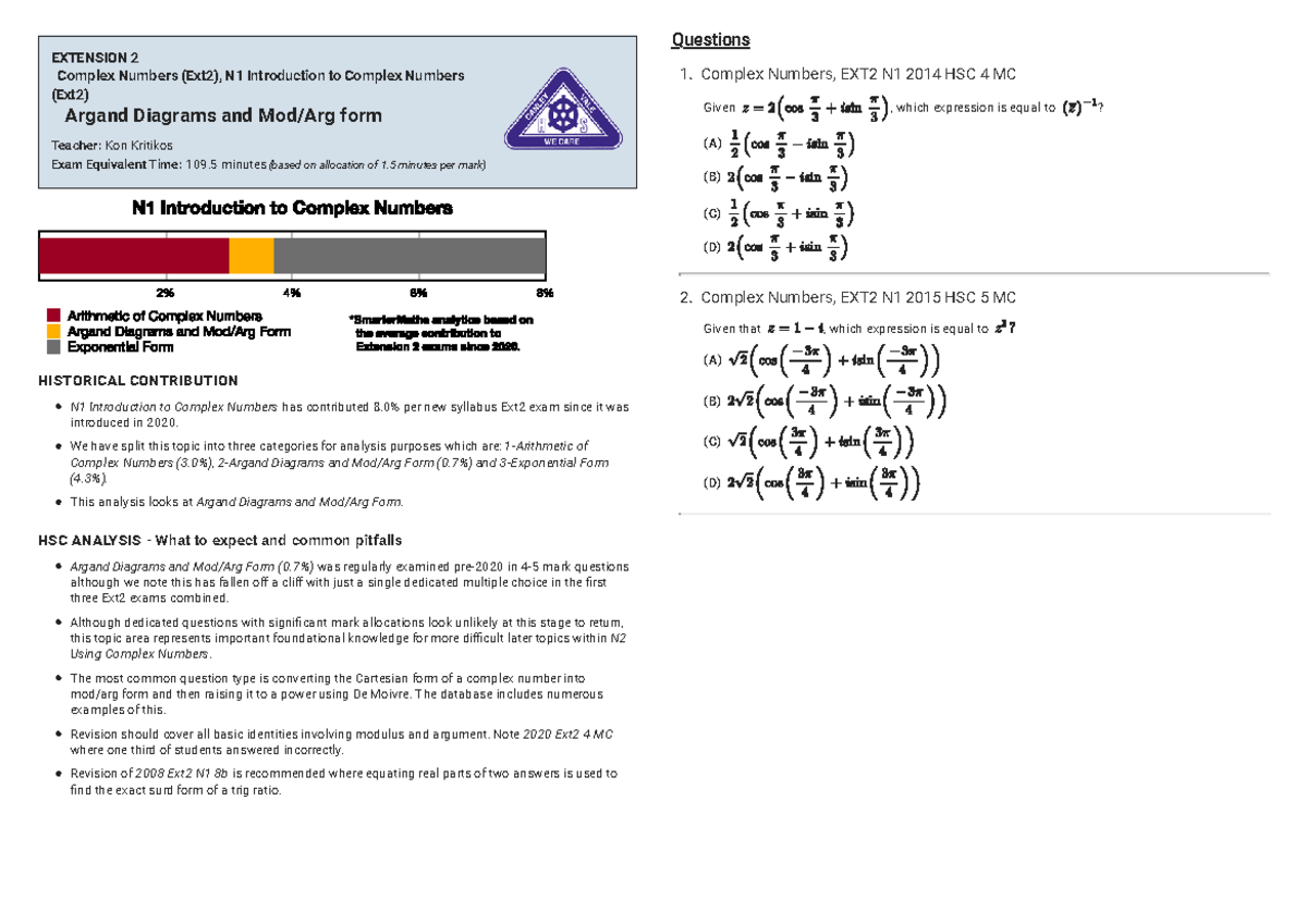 Complex Numbers Analysis for EXT2 HSC 2020 Exam Preparation - Studocu