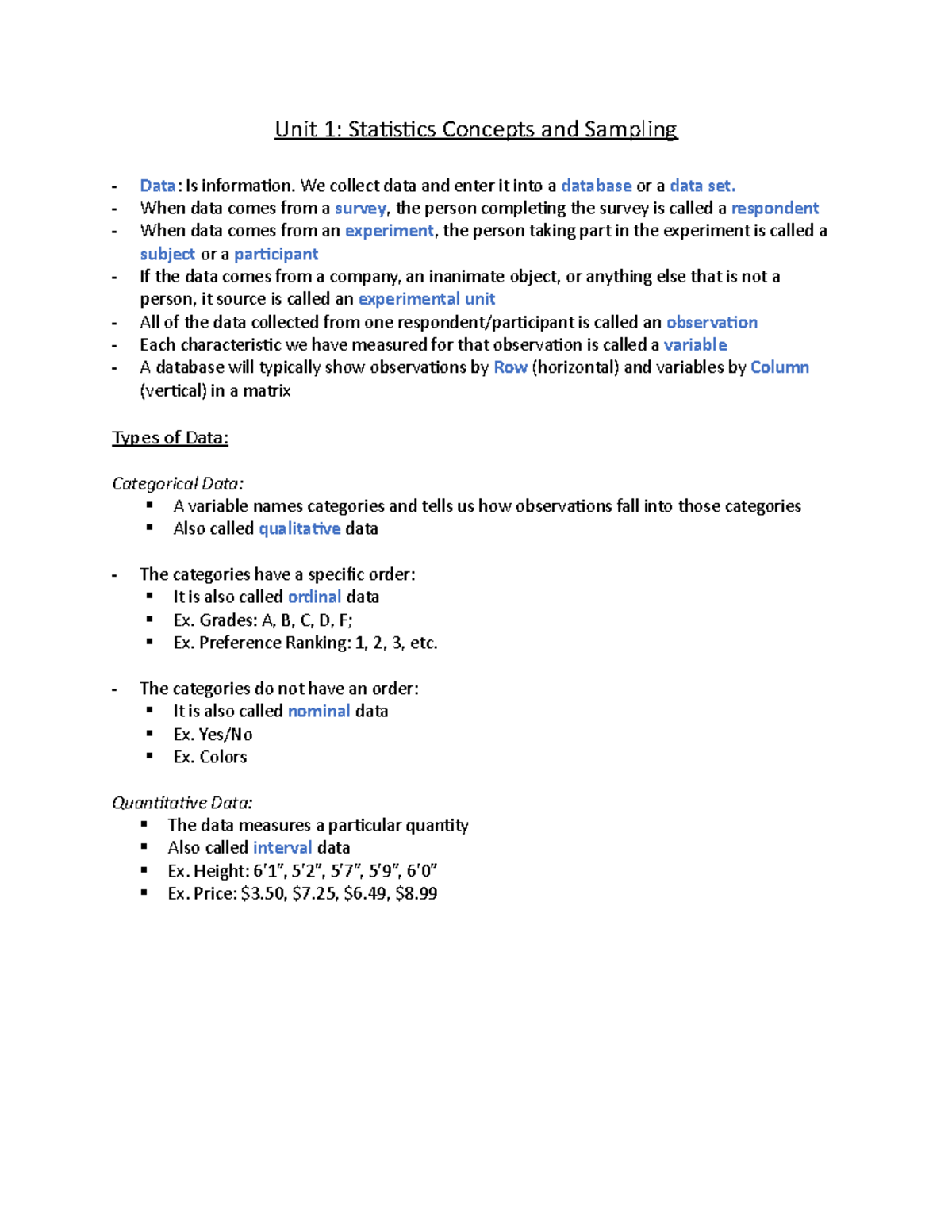 Unit-1-Chapters-1-3 - Unit 1 Notes - Unit 1: Statistics Concepts and ...