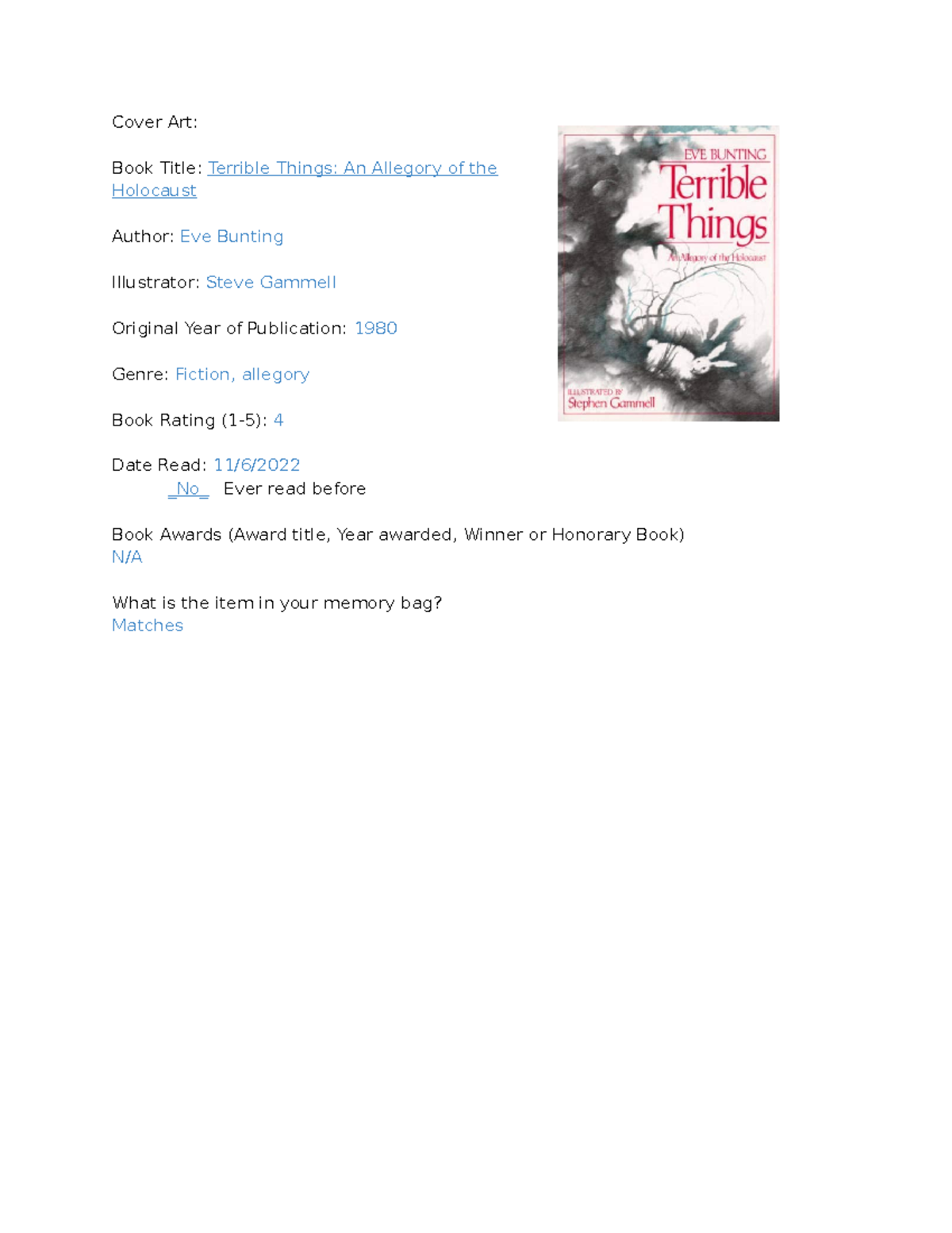 Terrible Things: Allegory of the Holocaust - Memory Activity Form - Studocu