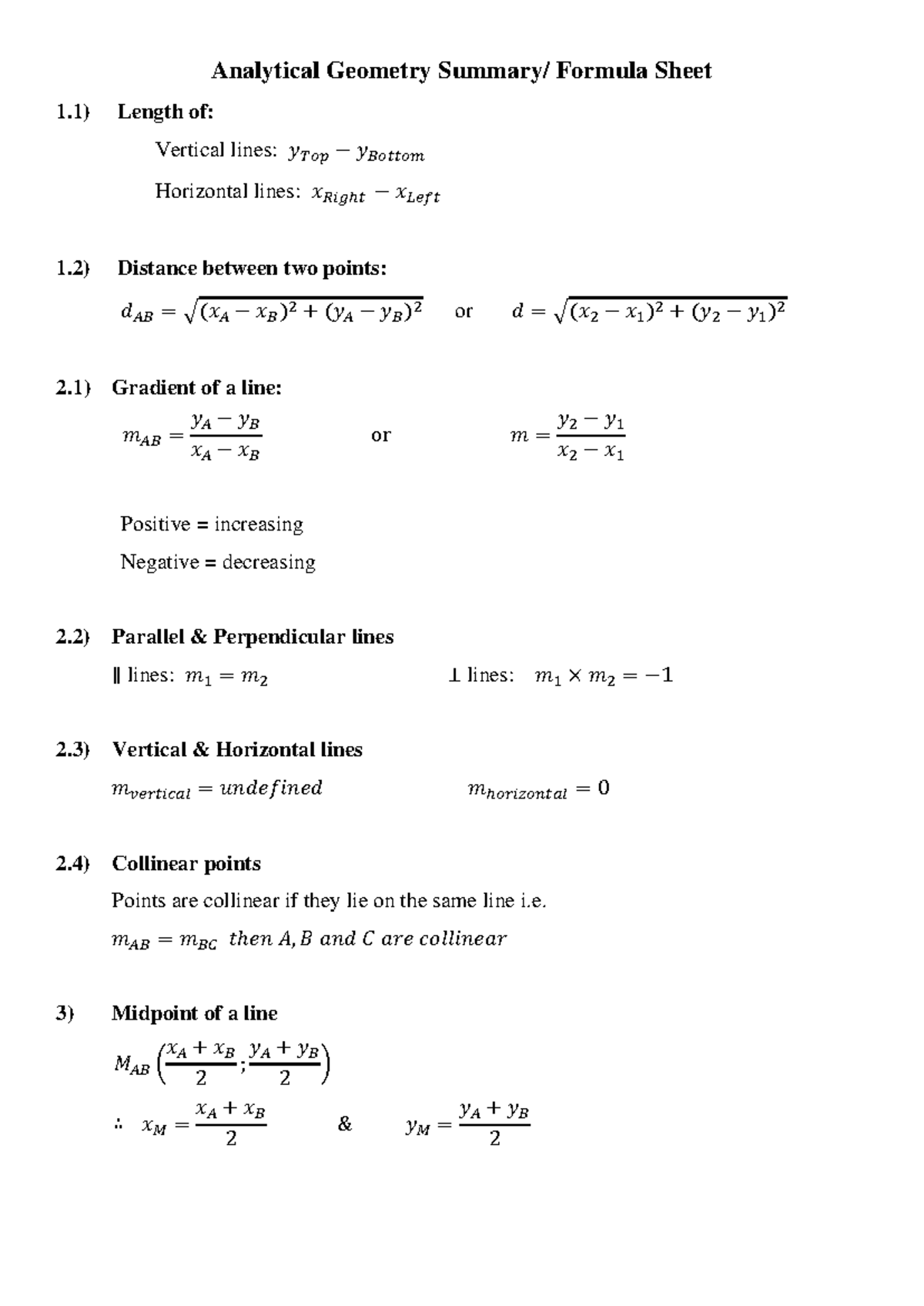 Gr11 Analytical Geometry Formula Sheet: Key Concepts & Formulas - Studocu