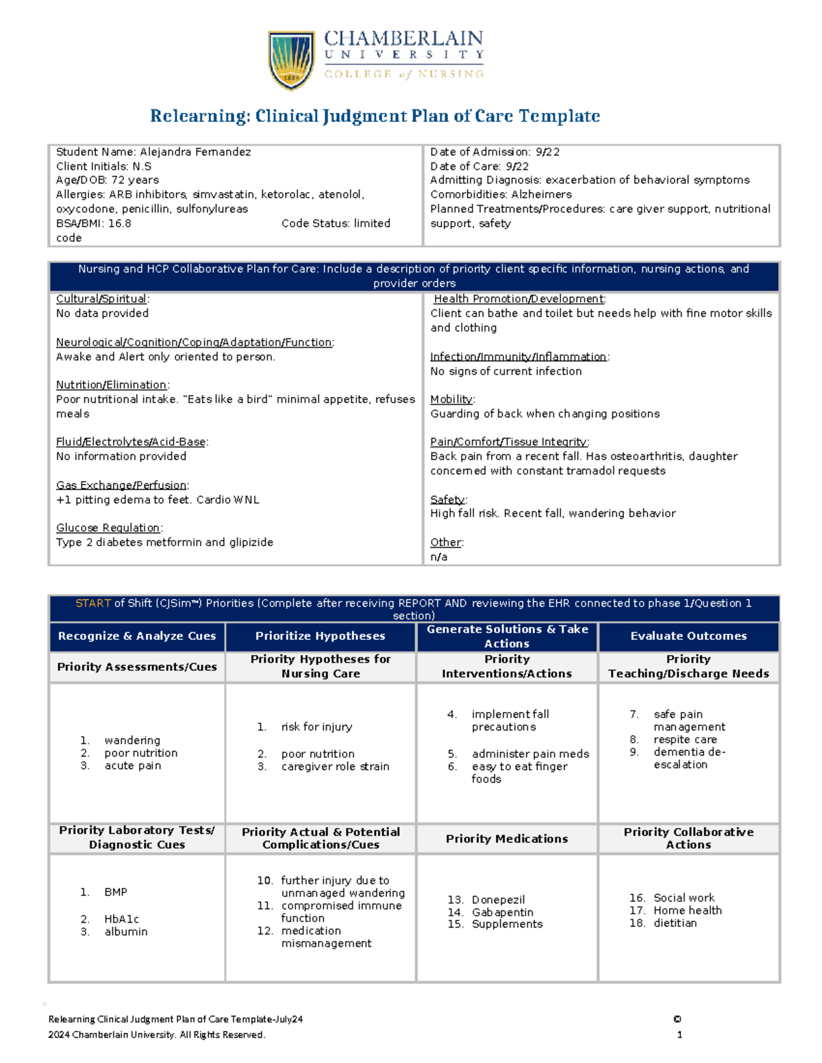 NR326: Clinical Judgment Plan of Care Template for Patient N.S. - Studocu