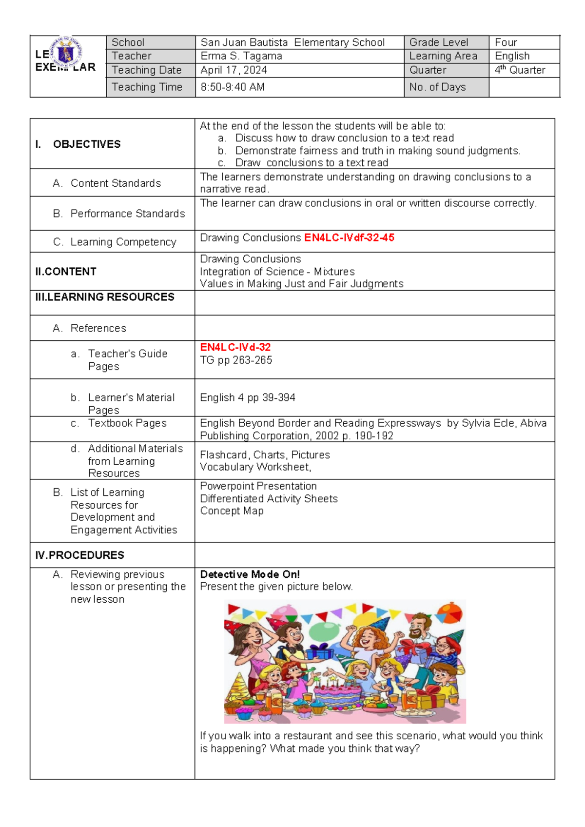 COT 4 Lesson Plan on Drawing Conclusions and Making Judgments - Studocu