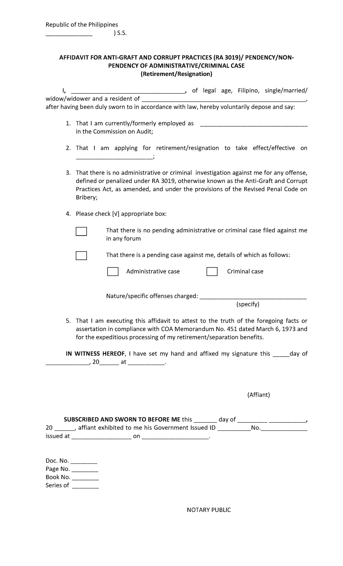 Affidavit for Anti-Graft Practices RA 3019: Retirement Case Declaration ...