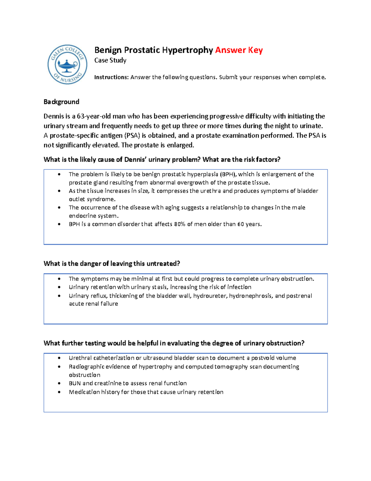 BPH Case Study Answer Key: Understanding Benign Prostatic Hyperplasia ...