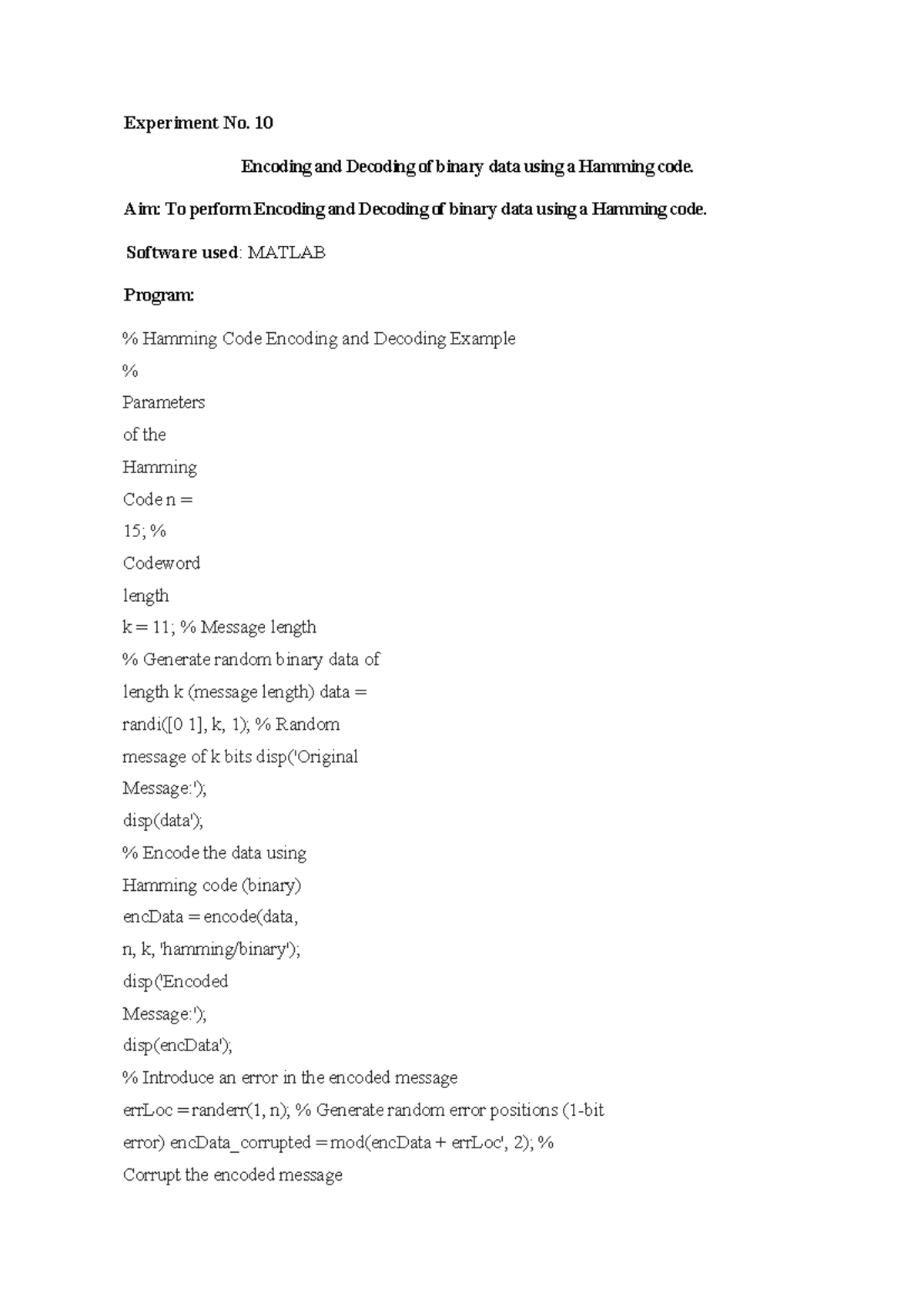 Dc Lab Experiments 10, 11, 12 - Encoding/Decoding in MATLAB (BEC502 ...