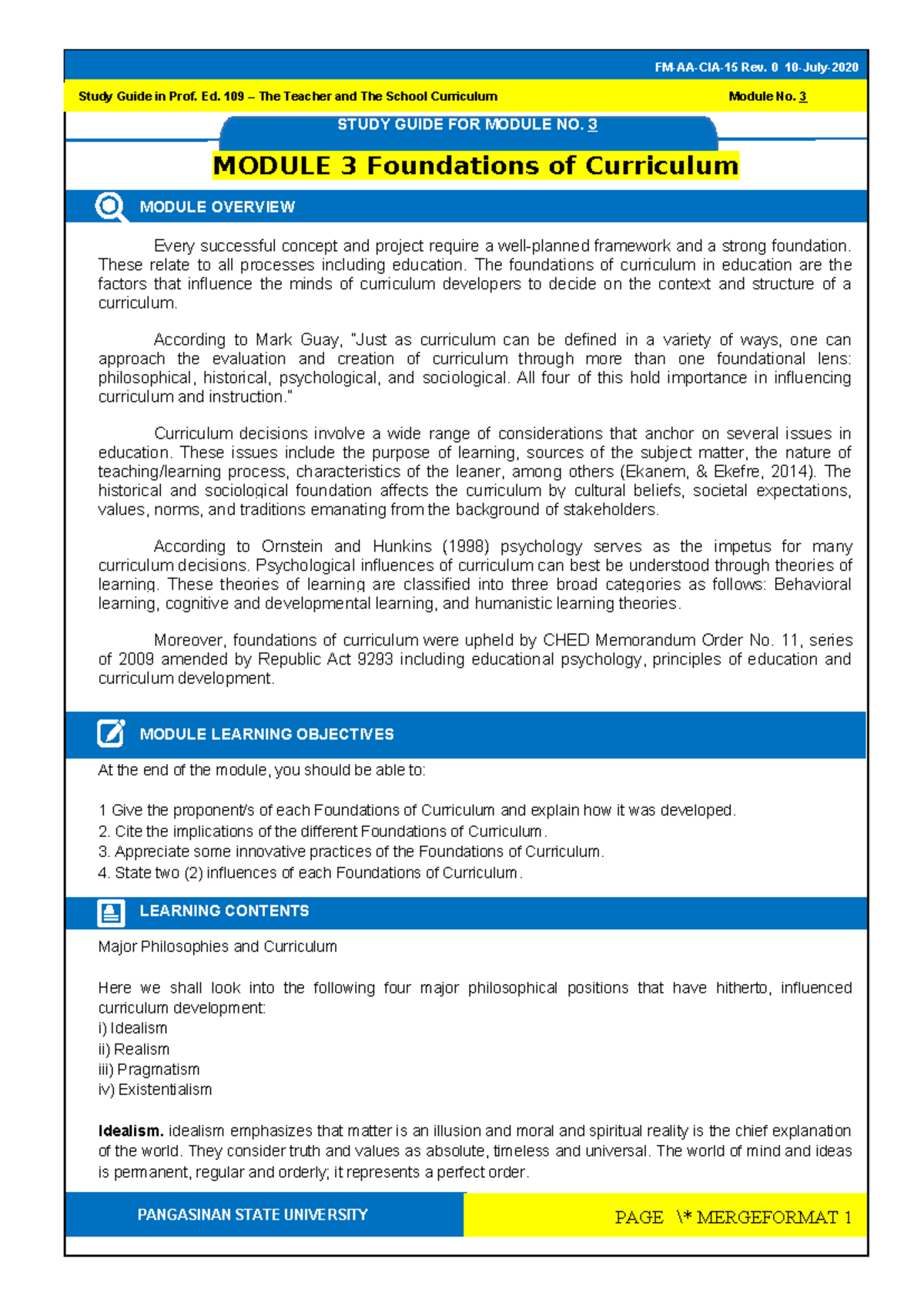 Prof. Ed 109 - Module 3 Study Guide: Foundations of Curriculum - Studocu