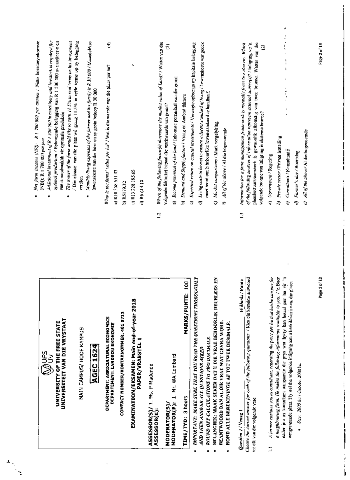 AGRICULTURAL ECONOMICS PAST QUESTION PAPER - AGEC2614 - UFS UV - Studocu