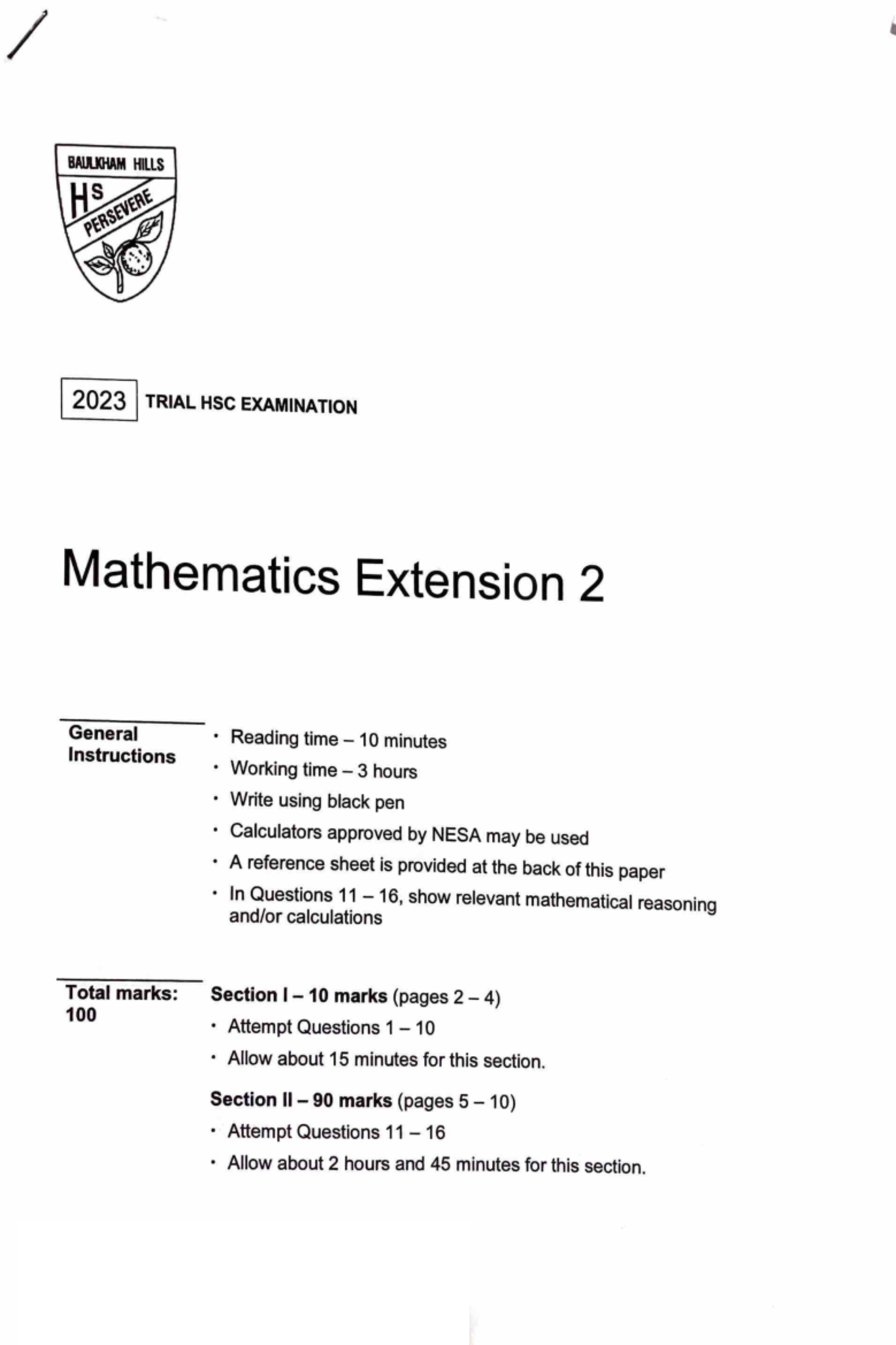 4U Baulko 2023 HSC Mathematics Extension 2 Trial Paper Solutions - Studocu
