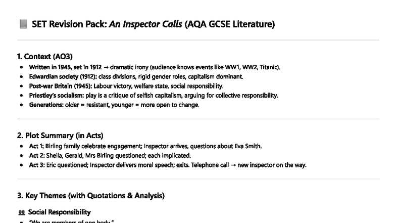 SET Revision Pack: An Inspector Calls (AQA GCSE Lit) - Key Themes ...