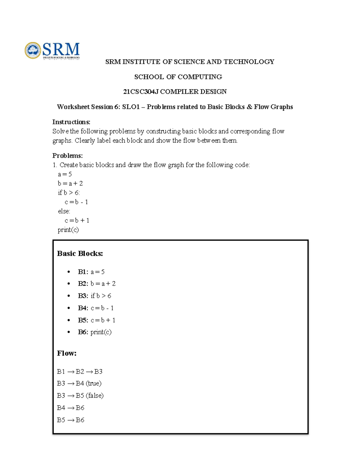 21CSC304J Compiler Design: Worksheet on Basic Blocks & Flow Graphs ...