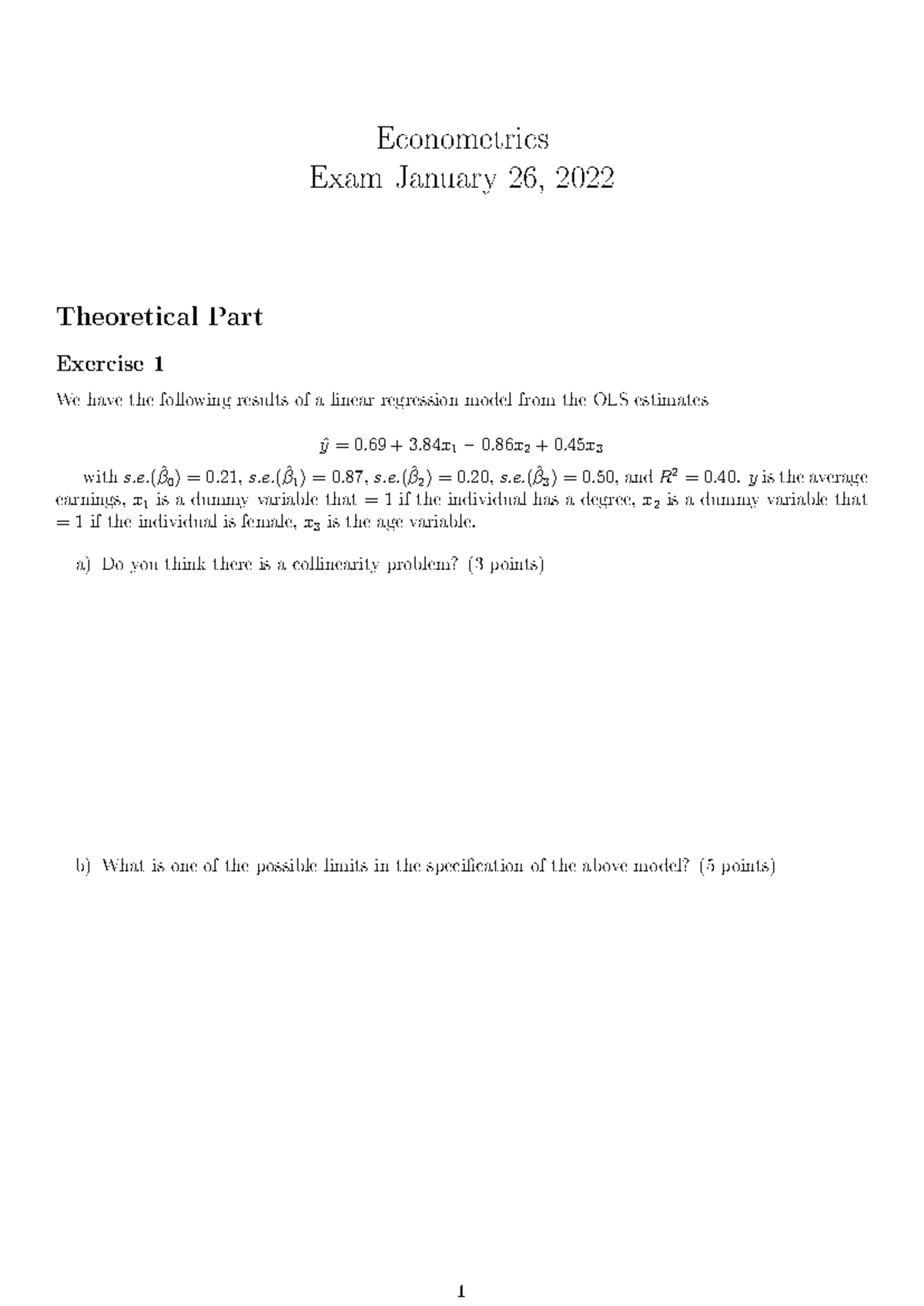 Econometrics Exam Prep: Theoretical Part Analysis (Jan 26, 2022) - Studocu