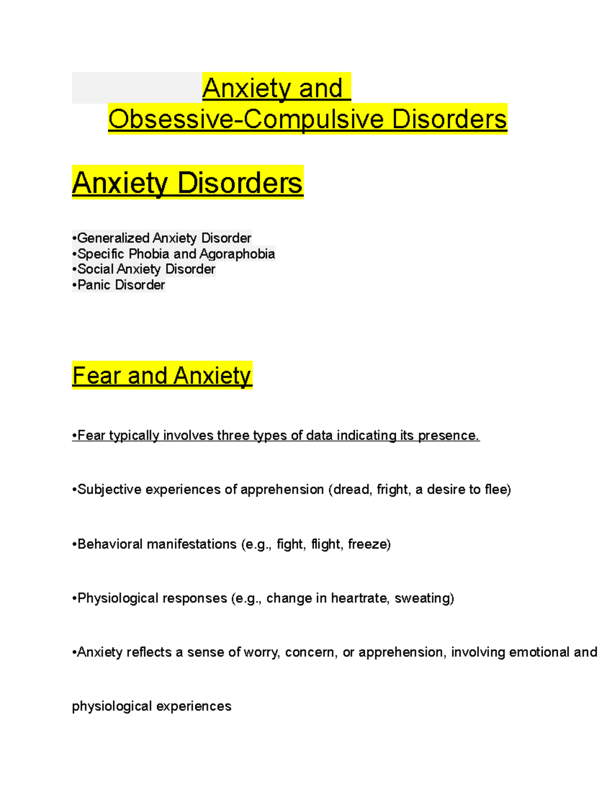 PSY333 - Anxiety and OCD Lecture Notes - Anxiety and Obsessive ...