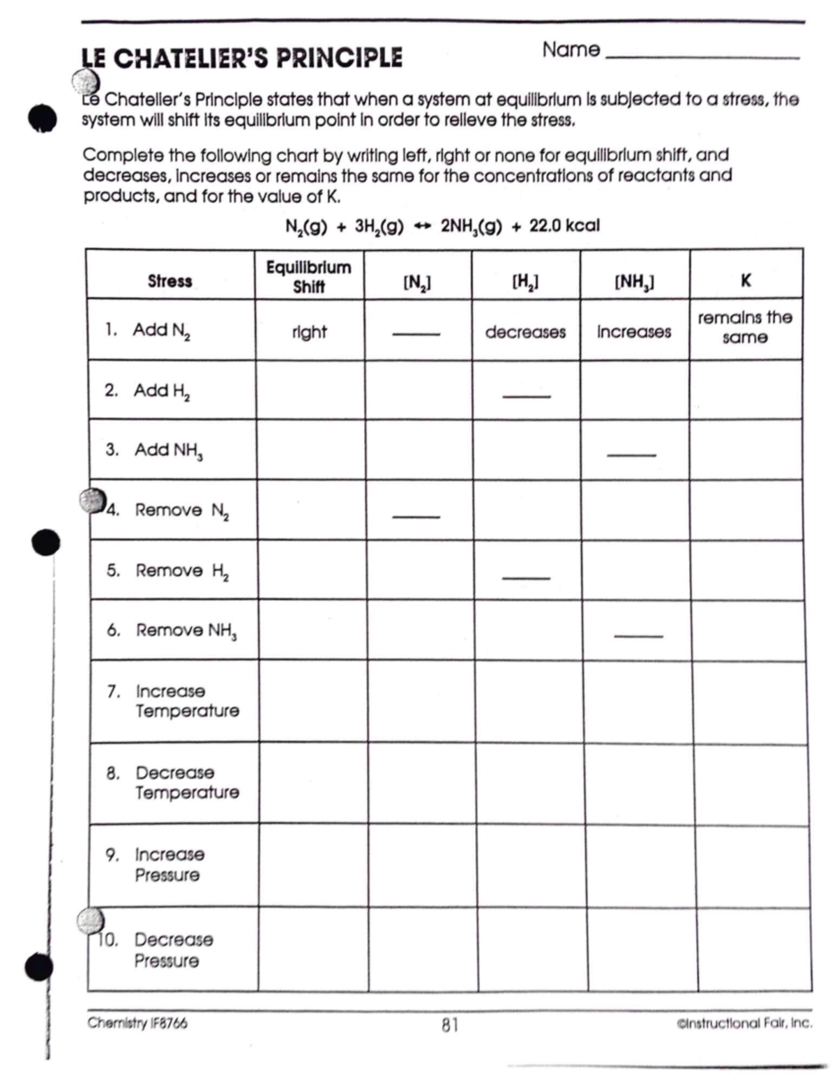 Le Chatelier's Principle Worksheet - Chemistry IF8766 - Studocu