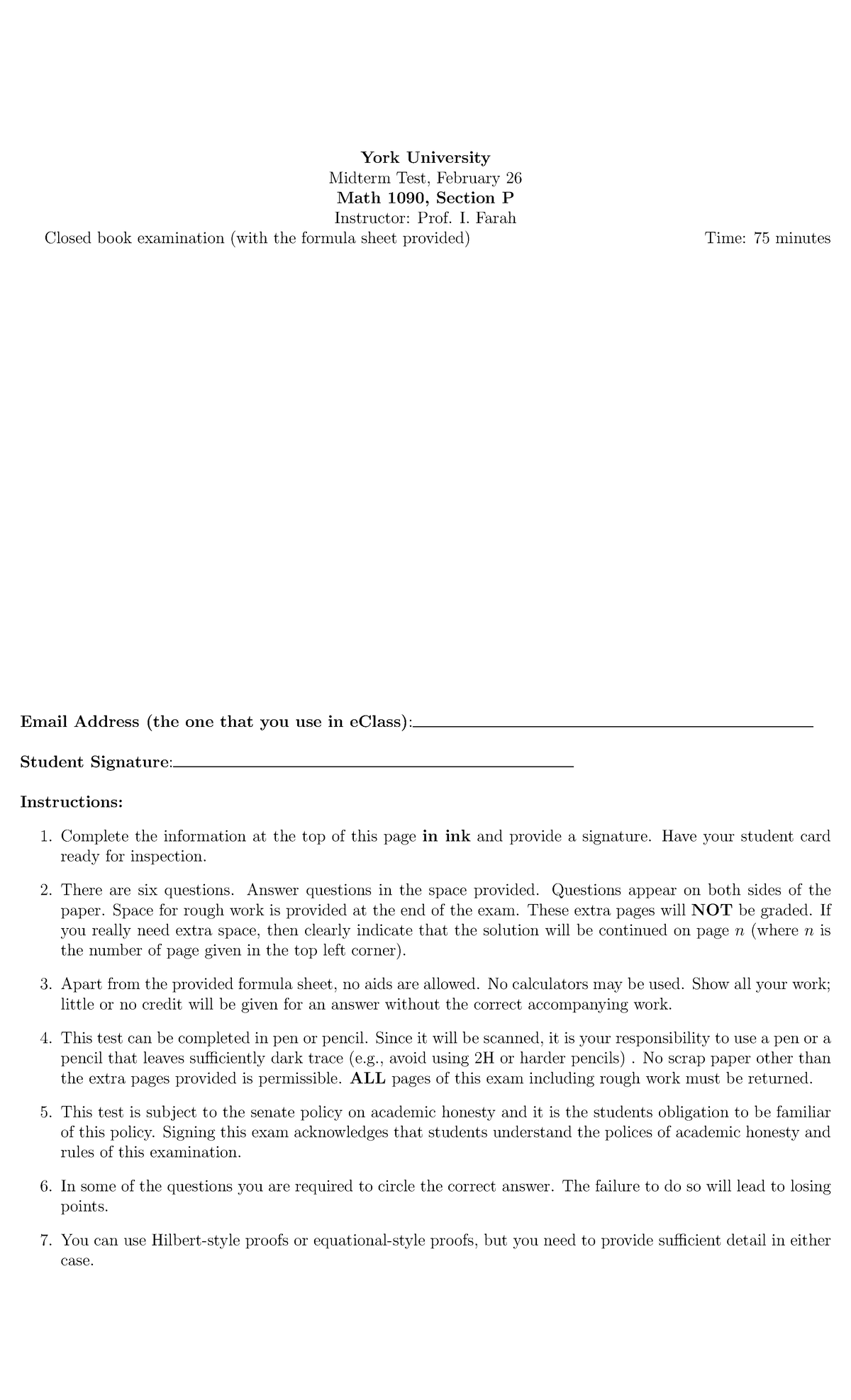 Math 1090 Midterm Test - York University, February 26 - Studocu