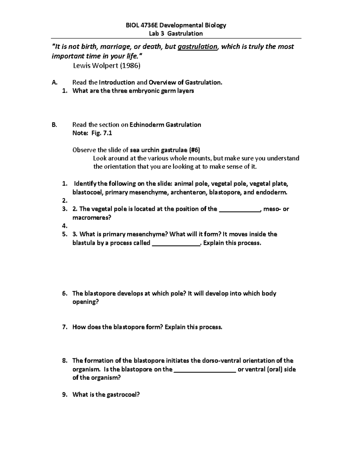 BIOL 4736E Developmental Biology Lab 3: Understanding Gastrulation ...