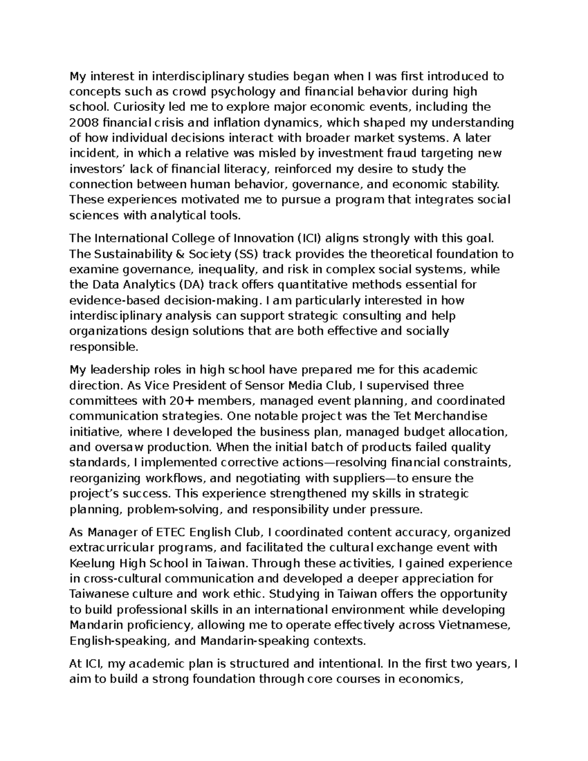 Study Plan 1: Interdisciplinary Studies at ICI for Strategic Consulting - Studocu