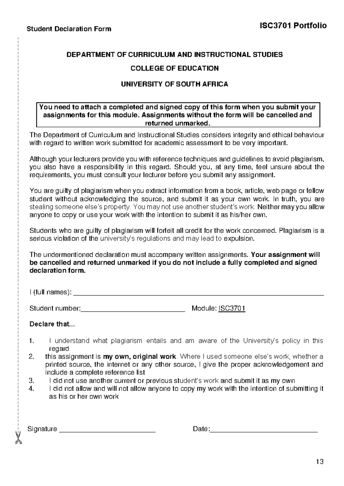 ISC3701 Student Declaration Form for Portfolio Submission - Studocu