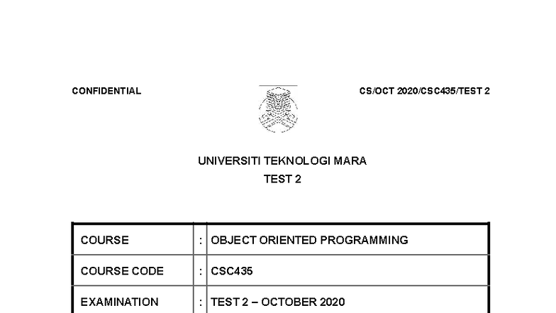 Test 2 Answer Scheme - Object Oriented Programming (CSC435) - Studocu