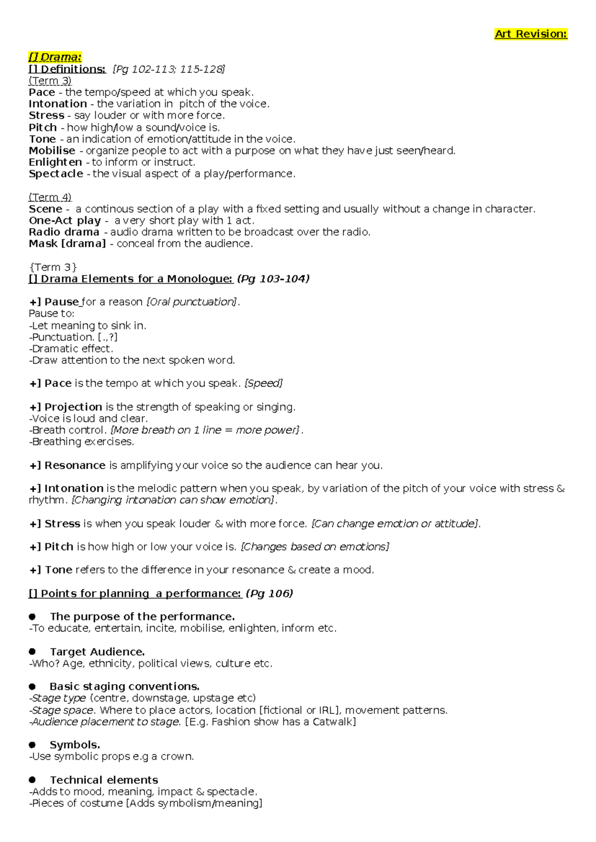 Gr.9 - Art Revision Notes: Drama & Art Definitions (Term 3-4) - Studocu