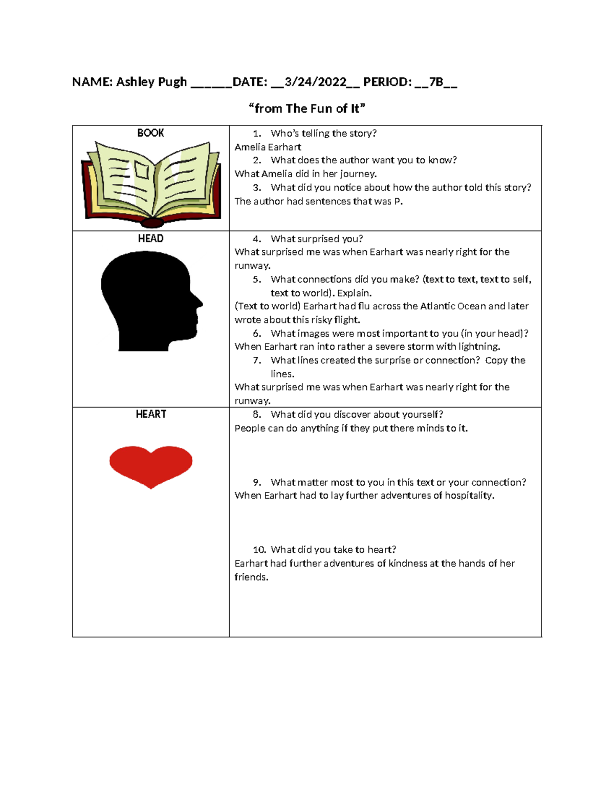 Book Head Heart from The Fun of It - NAME: Ashley Pugh ______DATE: 3/24 ...
