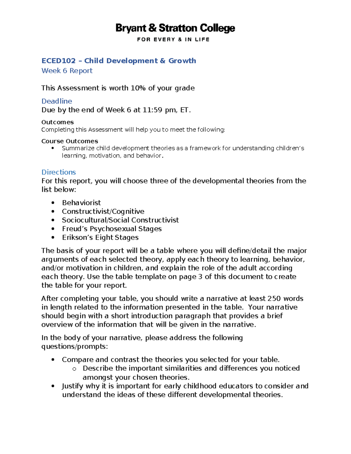 ECED102 - Week 6 Report: Child Development Theories Analysis - Studocu