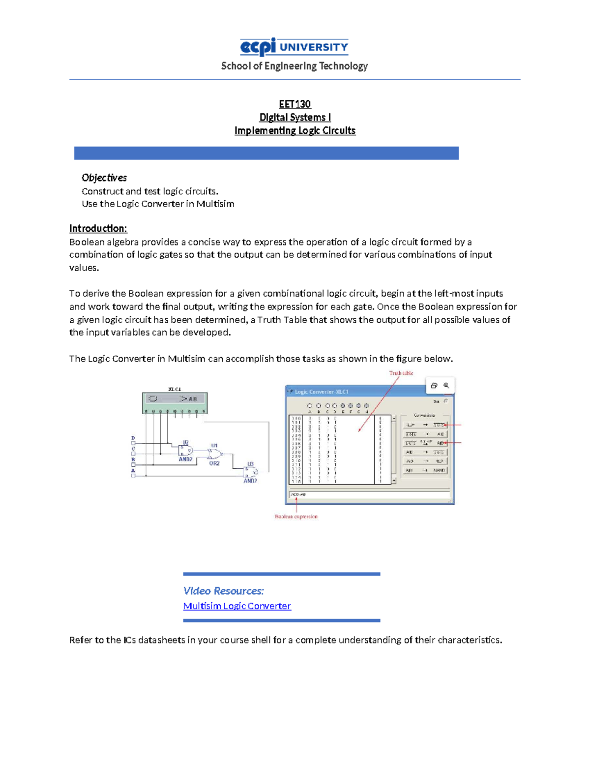 EET130 Lab 5: Implementing Logic Circuits with Multisim - Studocu