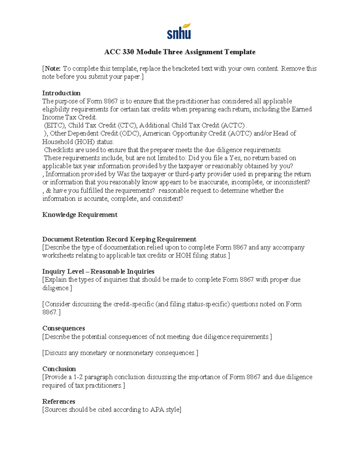 ACC 330 Module 3 Assignment: Form 8867 Due Diligence Guide - Studocu